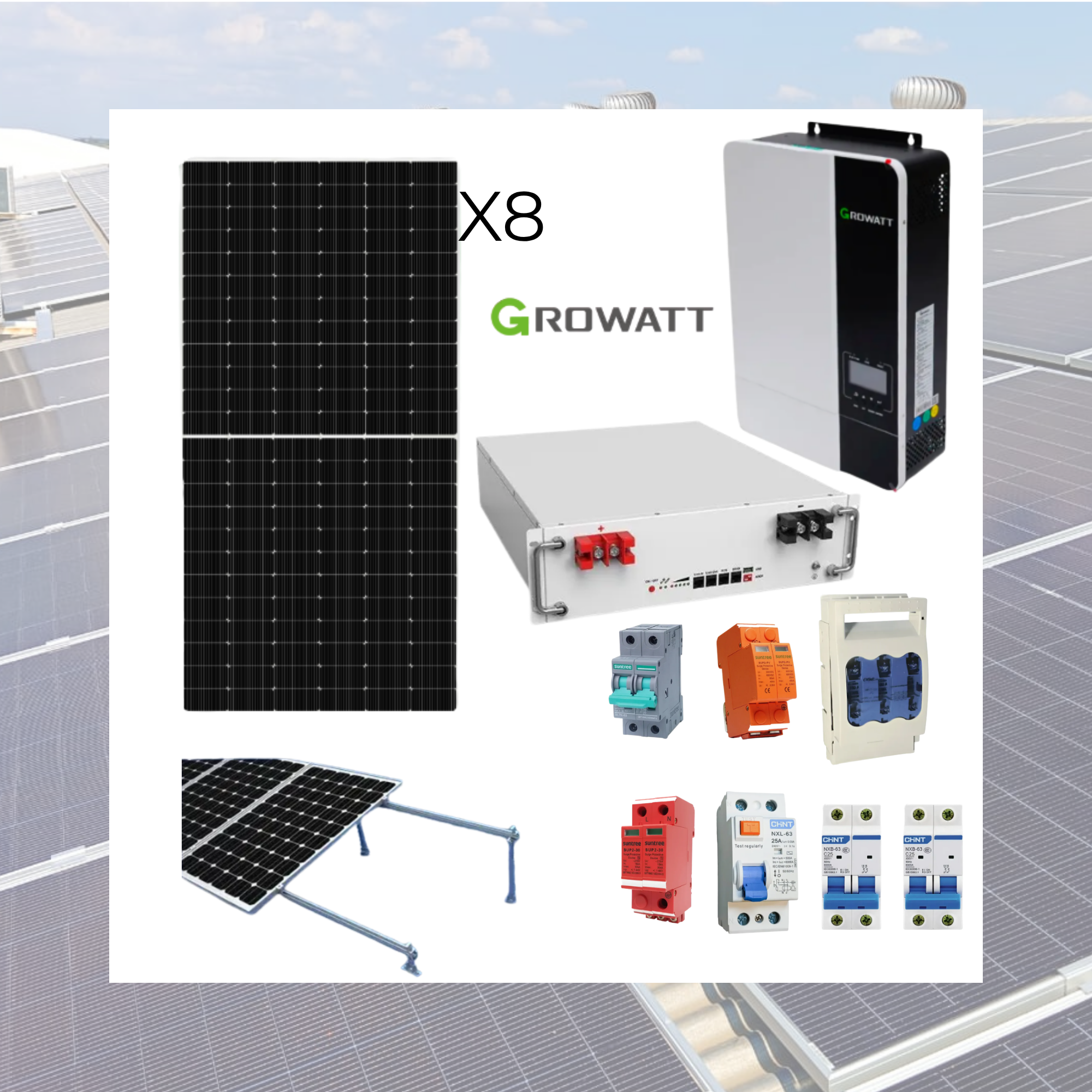 KIT SOLAR OFF-GRID GROWATT 5000W + BATERÍA DE LITIO 5,12kWh + 8 PANELES ...